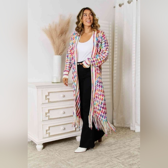 Sweaters | Retro Knit Bright Colorful Fringe Hem Longline Duster ...